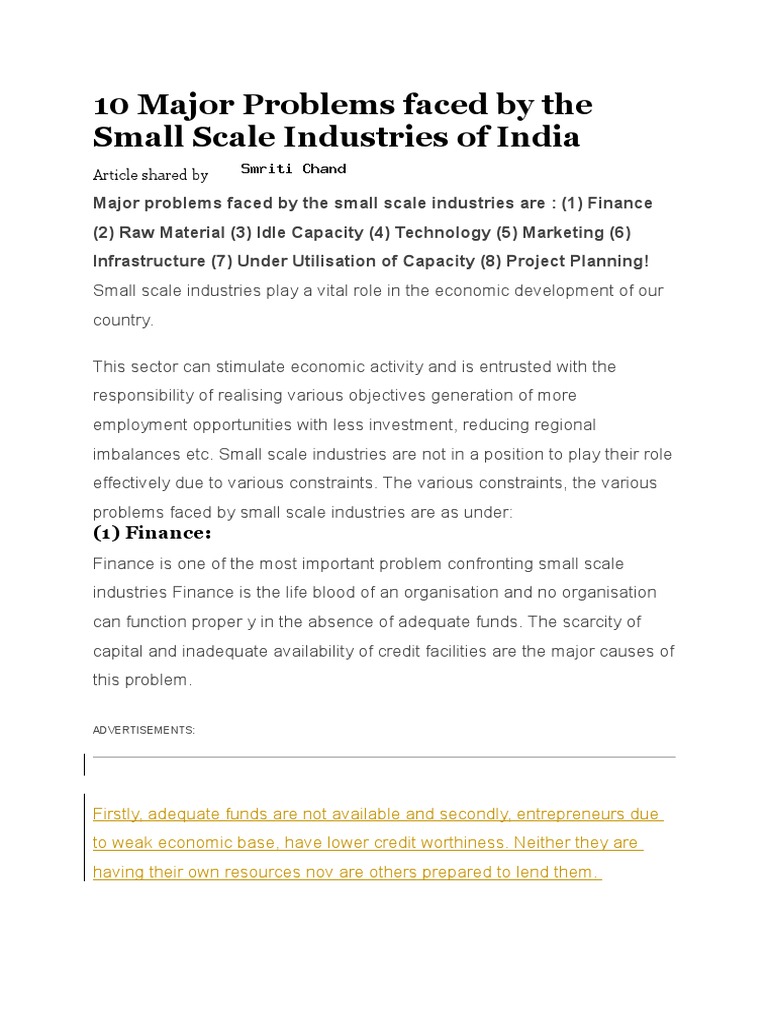 10 Major Problems Faced by The Small Scale Industries of India | PDF ...
