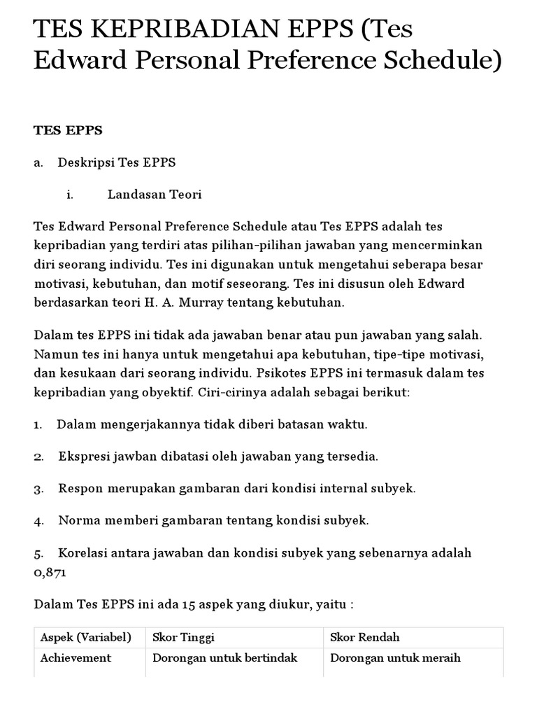 Tes Kepribadian Epps | PDF