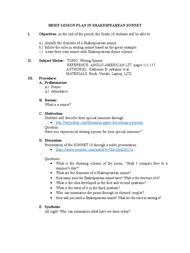 Brief Lesson Plans | PDF | Sonnets | Idiom