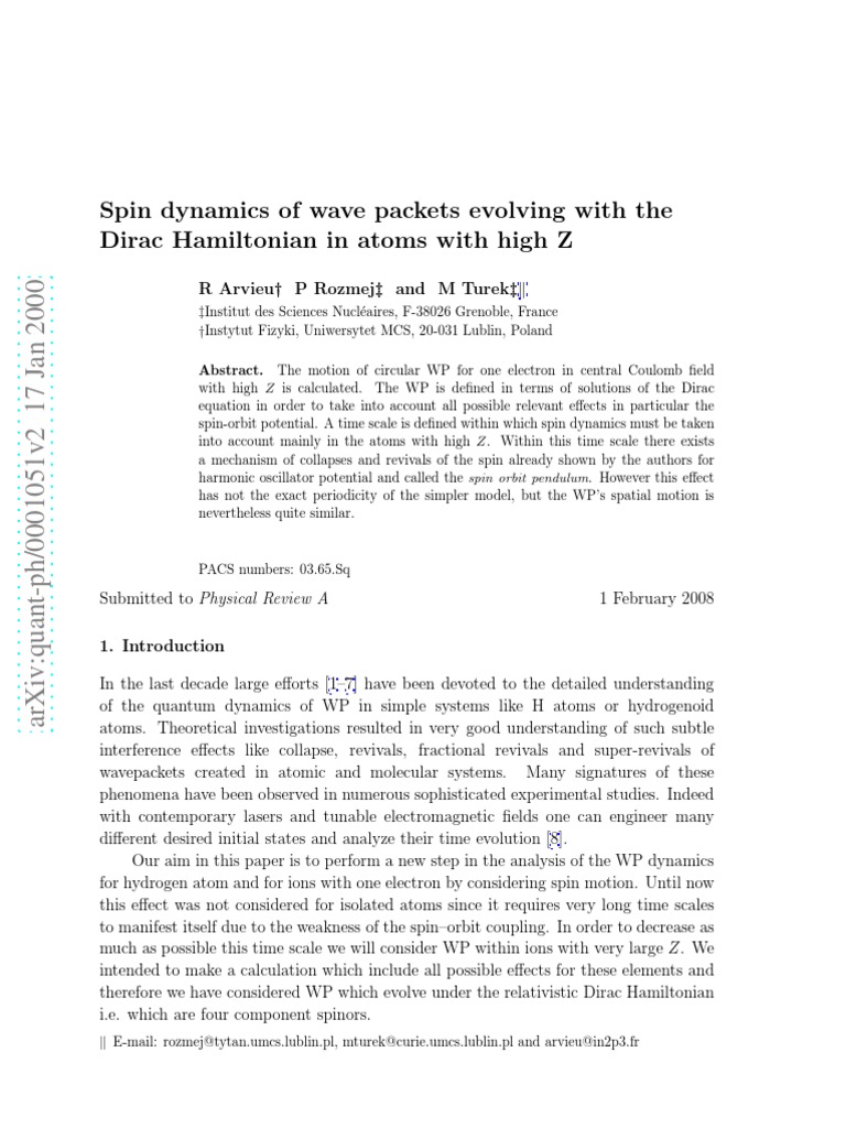 Spin Dynamics in High-Z Atomic Wave Packets | PDF | Spin (Physics) | Hamiltonian (Quantum Mechanics)