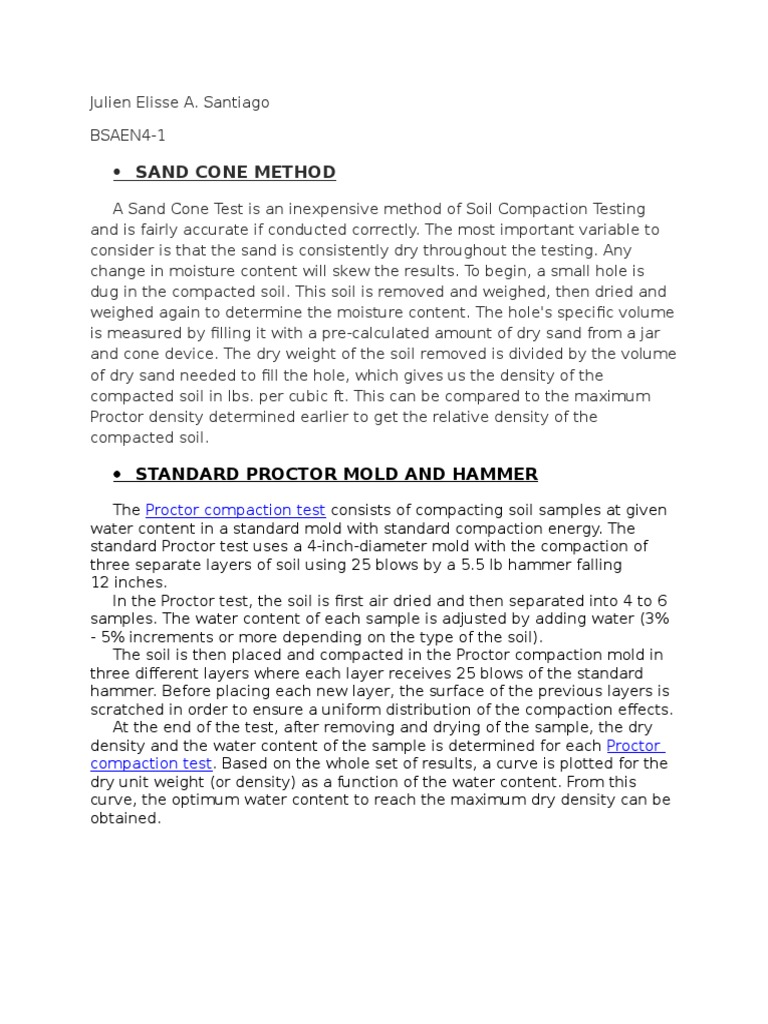 Sand Cone Method: Standard Proctor Mold and Hammer | PDF