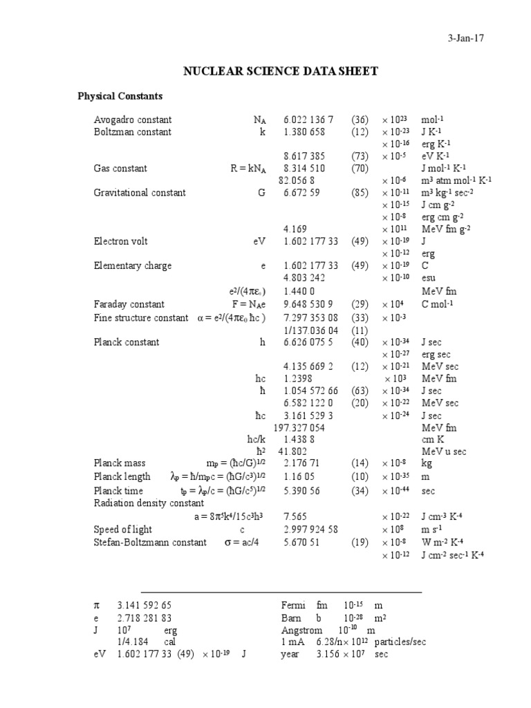 Nuclear Science Data Sheet: Physical Constants | PDF