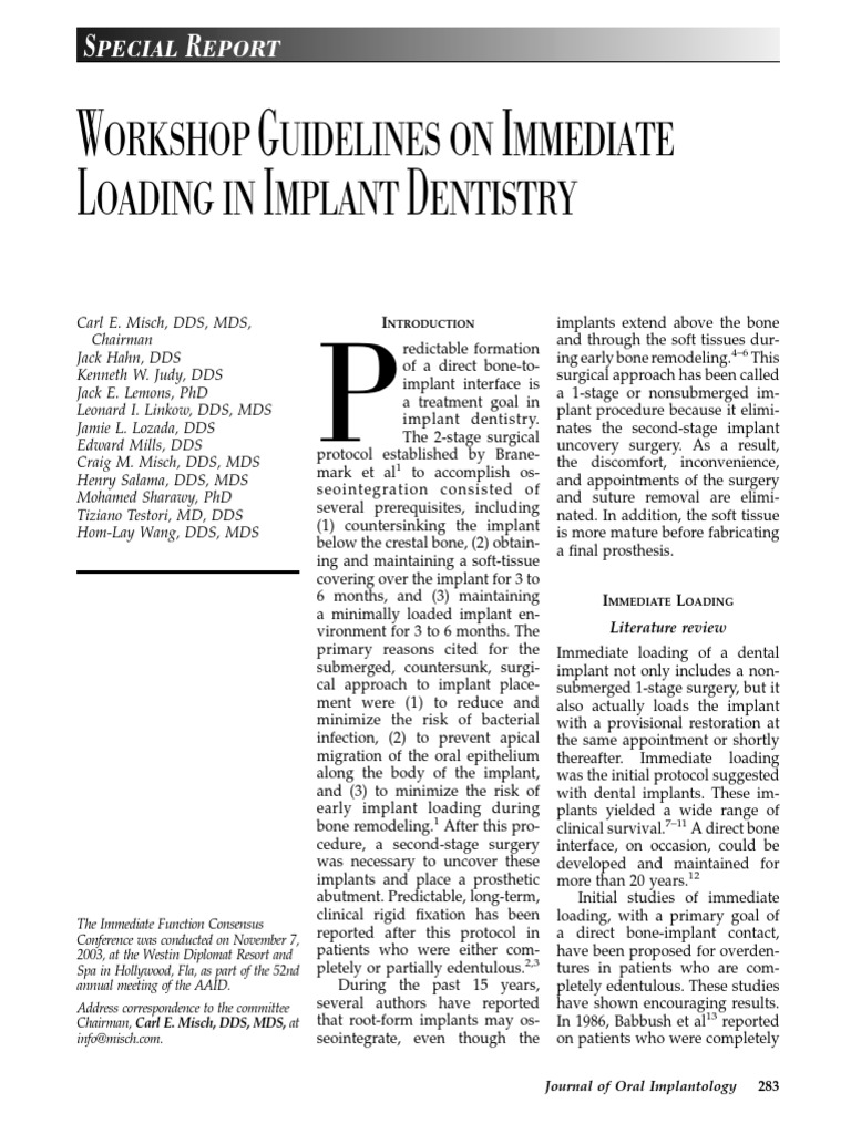 Carl Misch Workshop Guidelines For Immediate Loading PDF | PDF | Dental ...