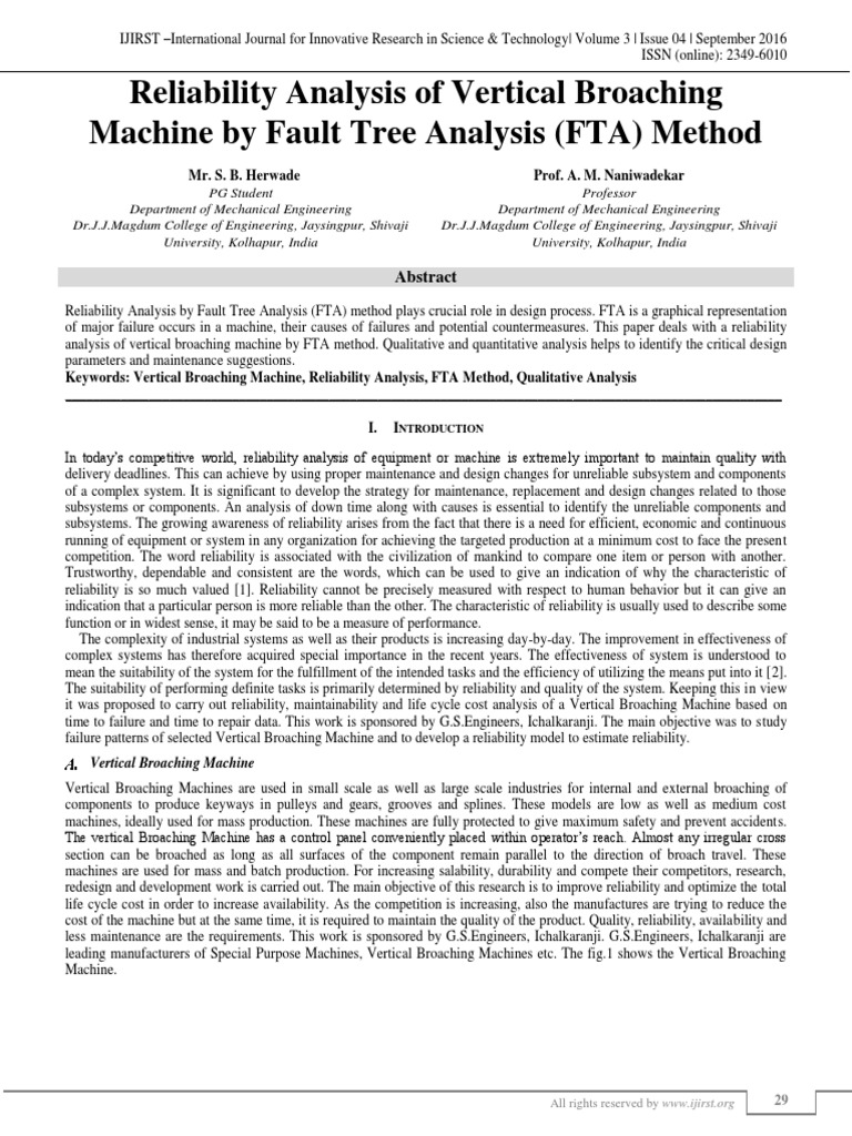 Reliability Analysis of Vertical Broaching Machine by Fault Tree ...