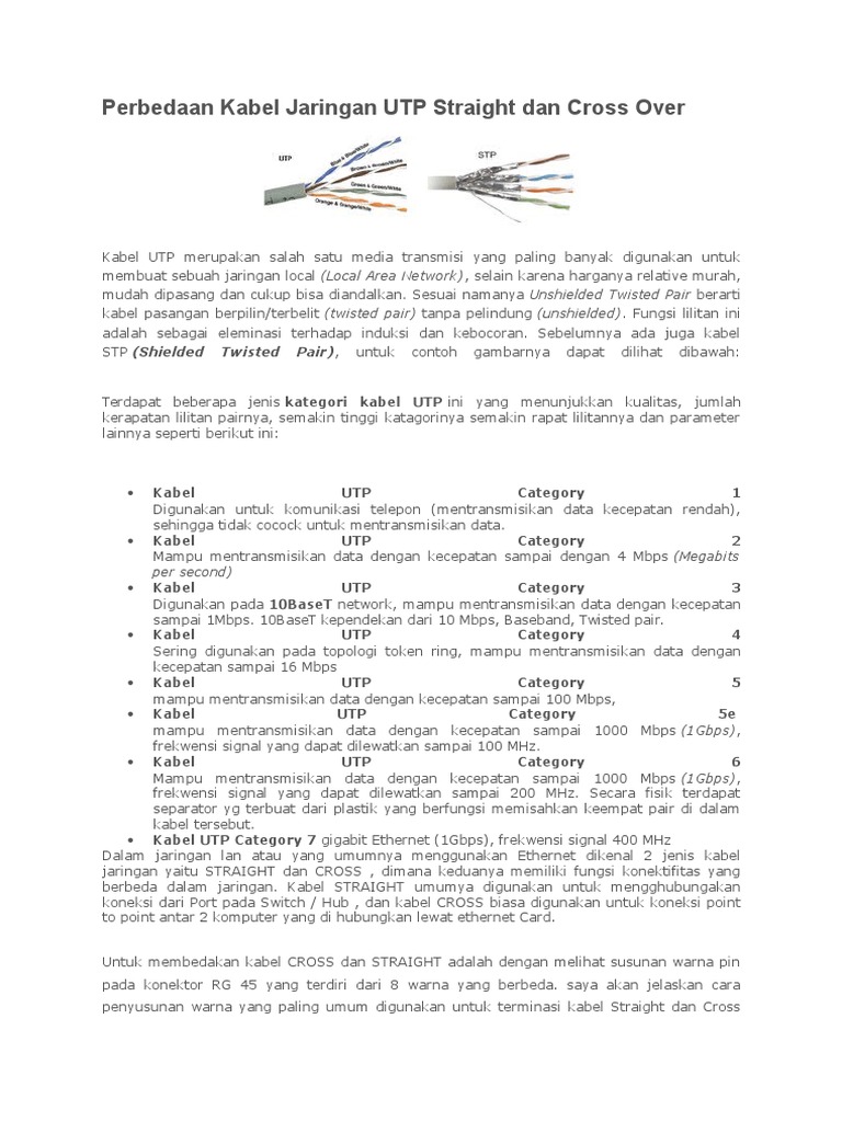 Perbedaan Kabel Jaringan UTP Straight Dan Cross Over | PDF