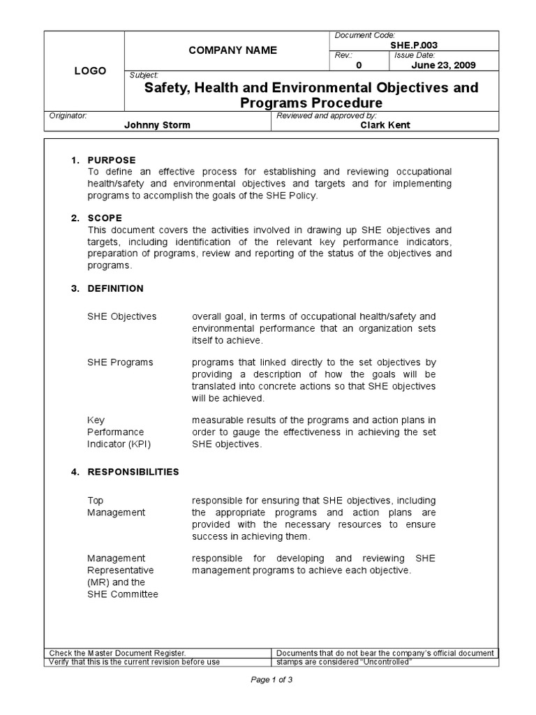 Safety Health and Environment Objectives and Programs Procedure | PDF ...