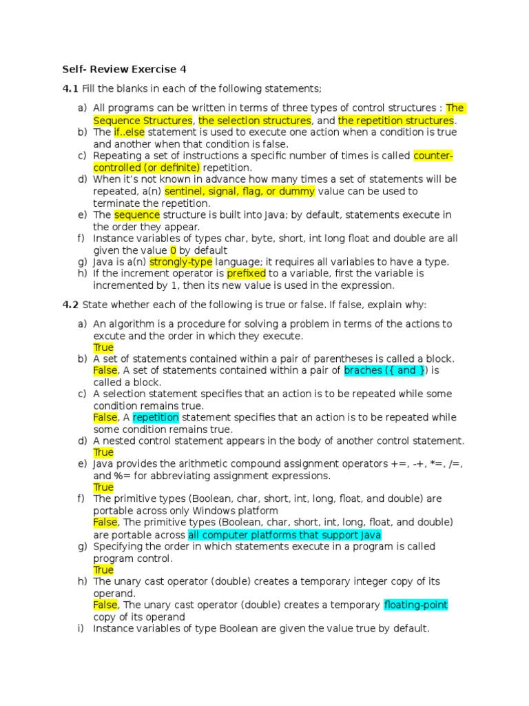 Self Review Exercise 4 Java Programming | PDF | Boolean Data Type ...