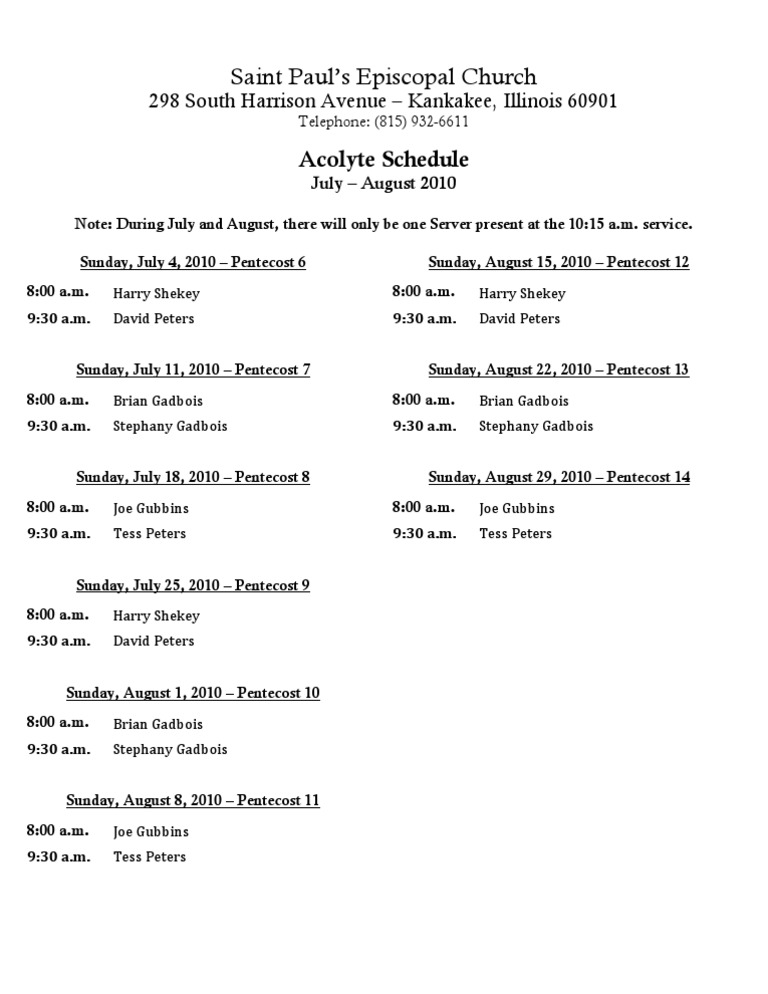 Acolyte Schedule (July - August) | PDF | Catholic Liturgy | Christian ...