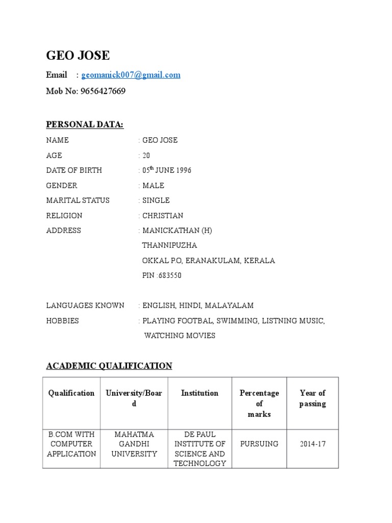 Geo Jose: Email: Mob No: 9656427669 | PDF