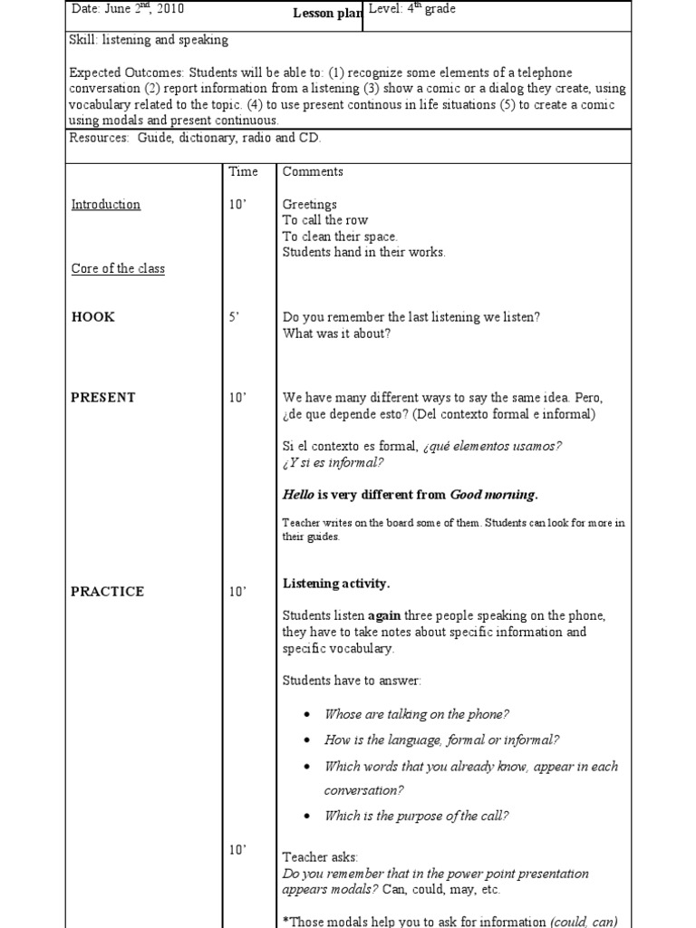 4th Grade Listening & Speaking Lesson Plan | PDF | Lesson Plan | Vocabulary