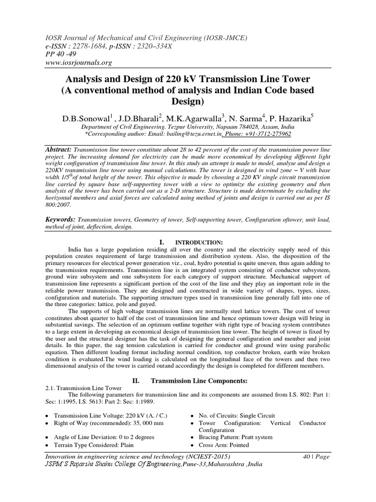 Analysis and Design of a 220 kV Transmission Line Tower Using Manual ...
