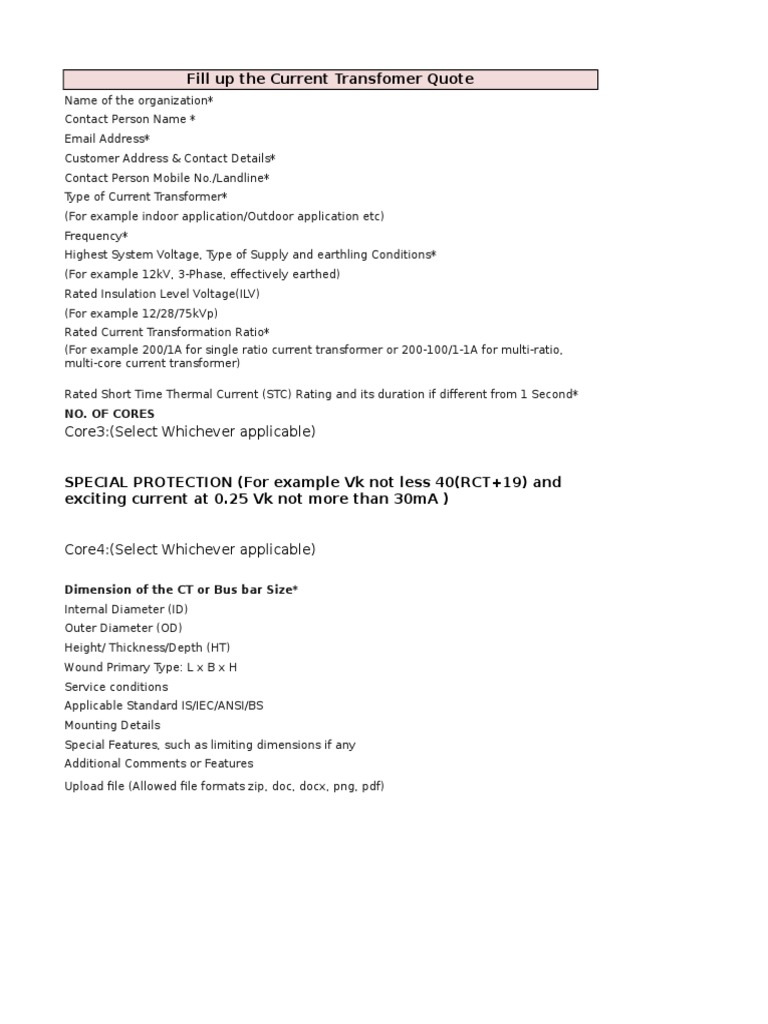 Current Transformer Quote Form | PDF