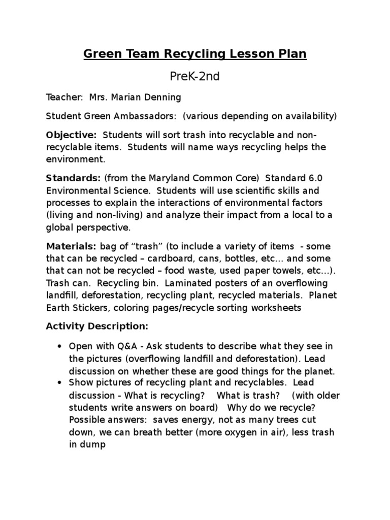 Green Team Recycling Lesson Plan: Prek-2Nd | PDF