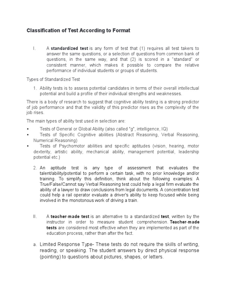 Test Classification by Format | PDF | Question | Test (Assessment)