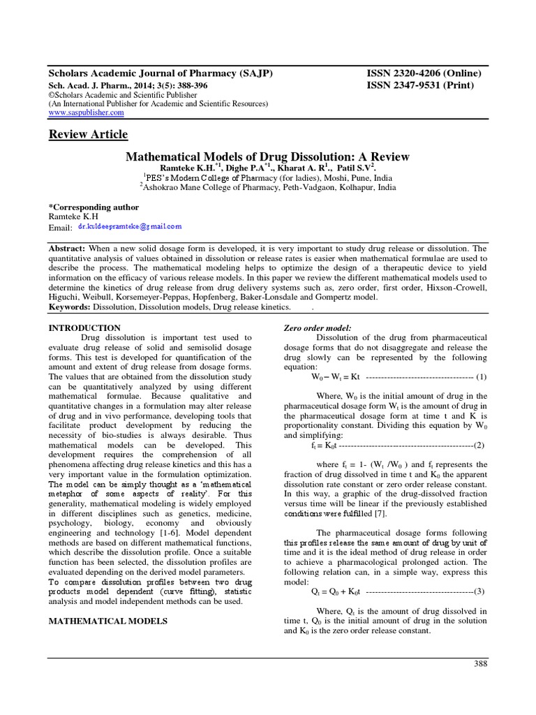 Mathematical Models of Drug Dissolution PDF | PDF | Solubility | Diffusion
