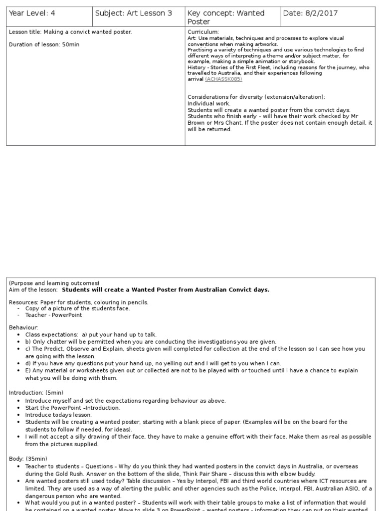 Wanted Poster Lesson Plan 1 Week 1 | PDF | Poster | Lesson Plan