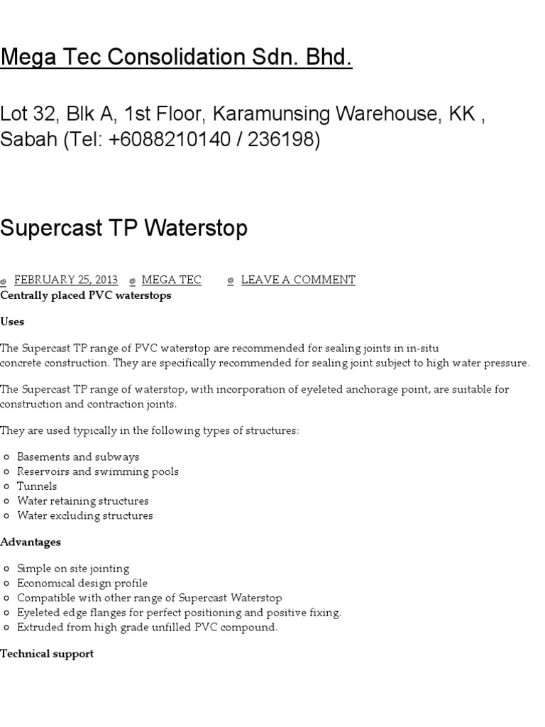 Supercast TP Waterstop - Mega Tec Consolidation Sdn. BHD | PDF ...