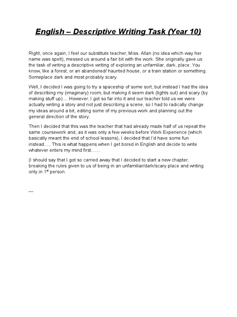English Descriptive Writing Task Year 10 | PDF