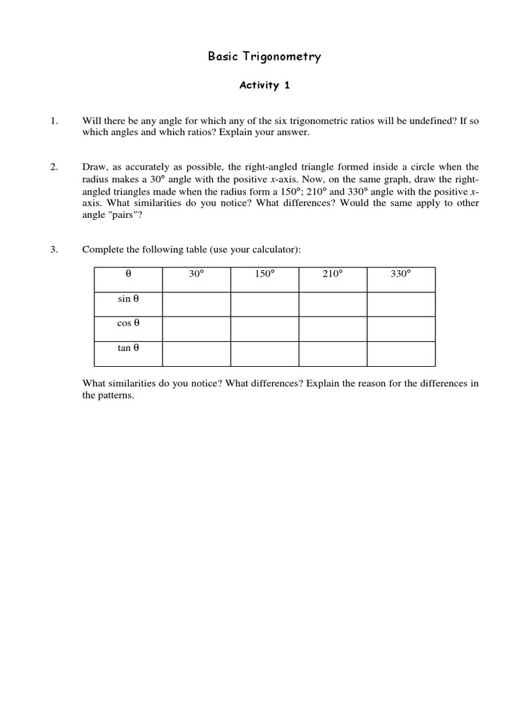 Basic Trigonometry Activity 1 | PDF