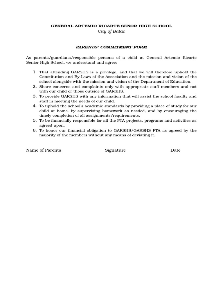 General Artemio Ricarte Senor High School: Parents' Commitment Form | PDF