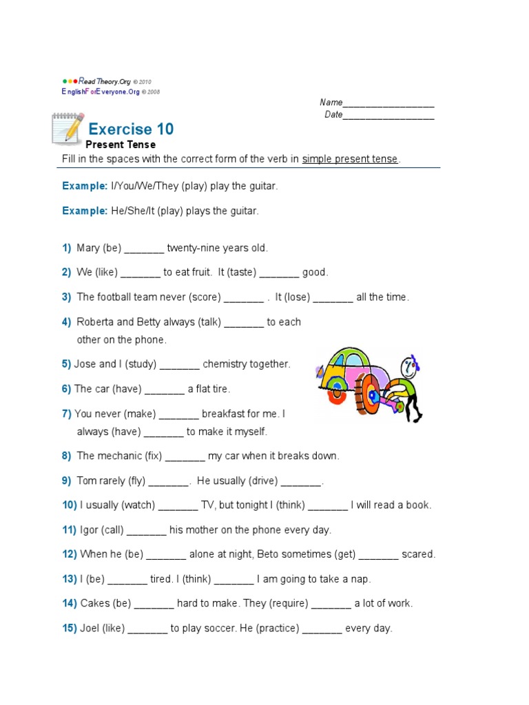 Present Tense Exercise 10 | PDF