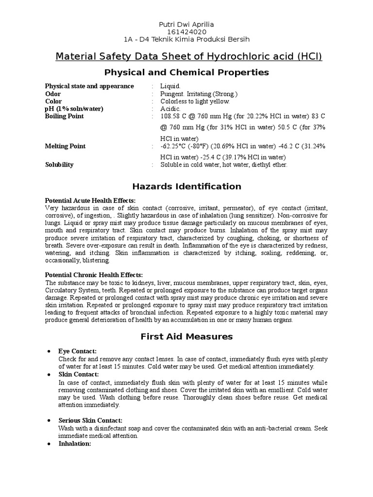 Material Safety Data Sheet of Hydrochloric Acid (HCL) : Physical and ...