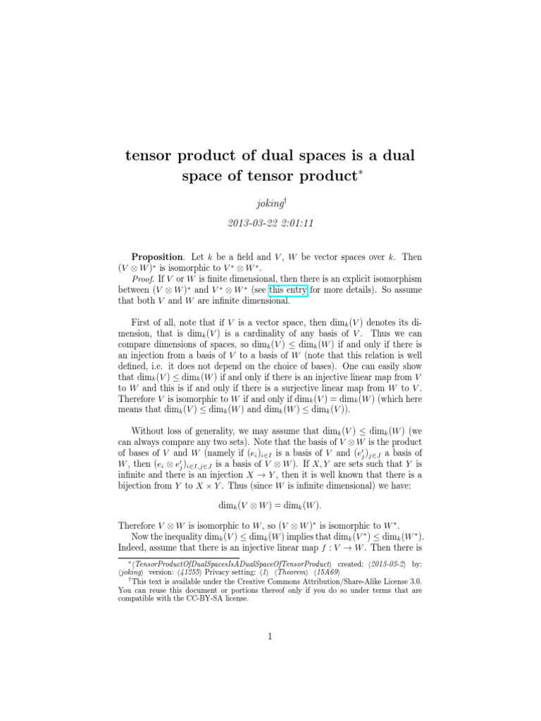 Dual Spaces of Tensor Products | PDF | Basis (Linear Algebra) | Tensor
