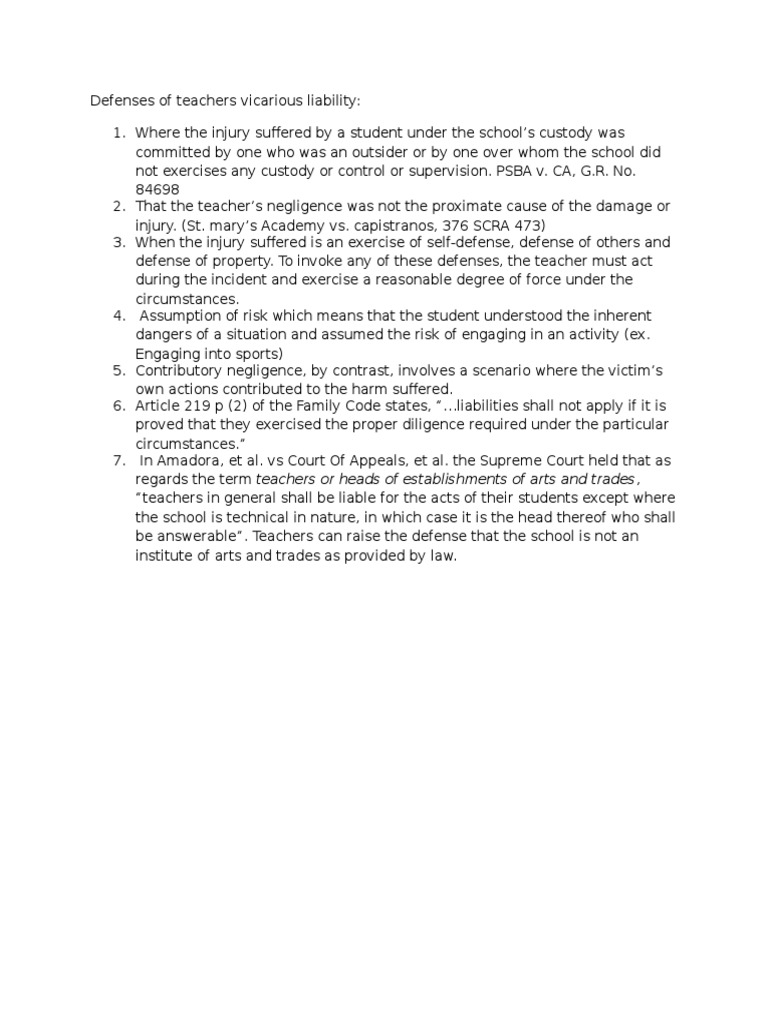 Defenses of Teachers Vicarious Liability | PDF