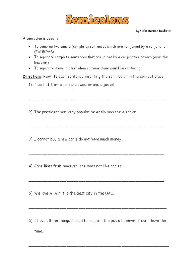 Semicolon Worksheet1 | PDF | Language Arts & Discipline