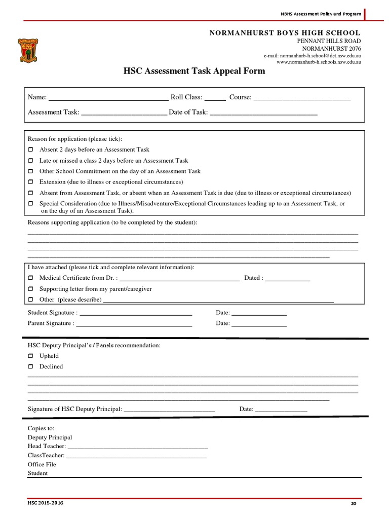 HSC Assessment Appeal Form | PDF