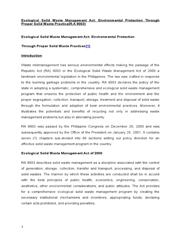 Ecological Solid Waste Management Act | PDF | Social Science | Science ...