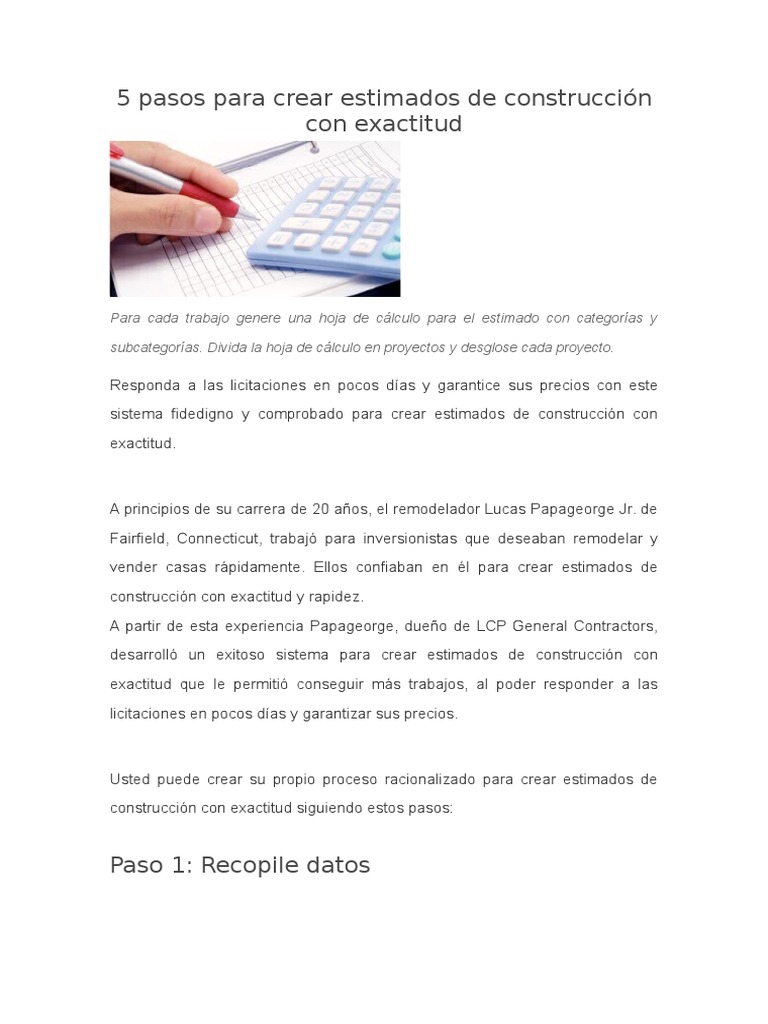 5 Pasos para Crear Estimados de Construcción Con Exactitud | PDF ...