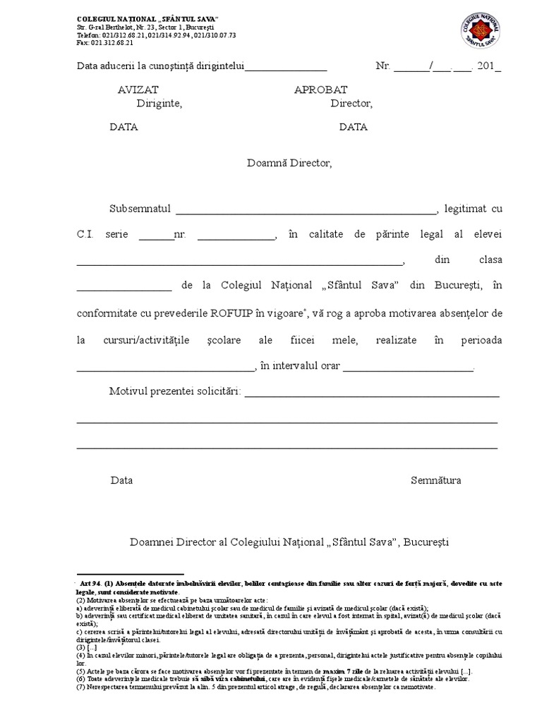 Model Cerere Motivare Absente 2012-2013