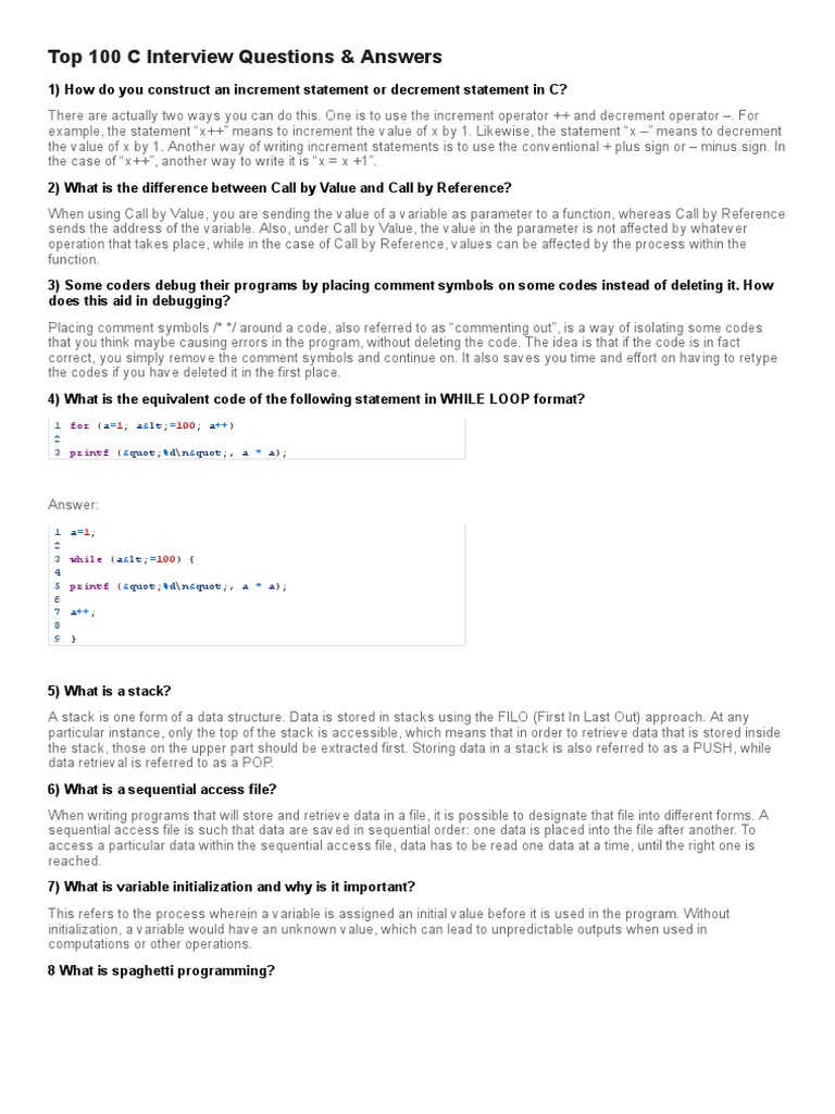 Top 100 C Interview Questions & Answers | PDF | C (Programming Language ...