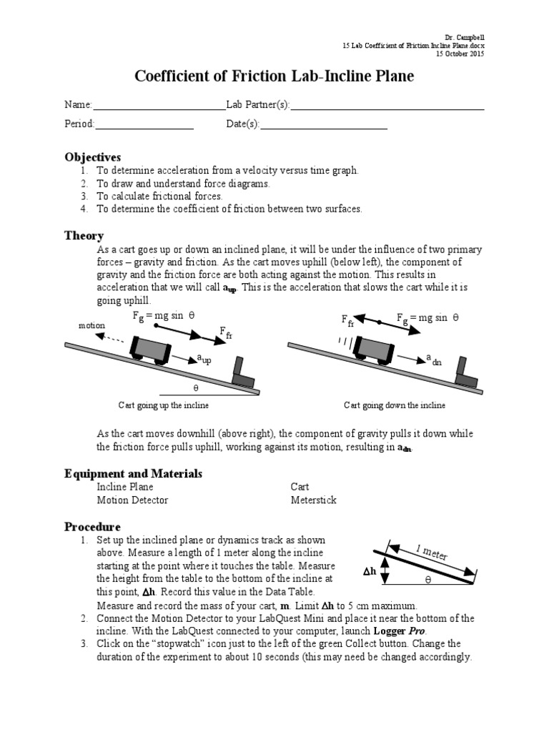 15 Lab Coefficient of Friction Incline Planeb | Friction | Acceleration