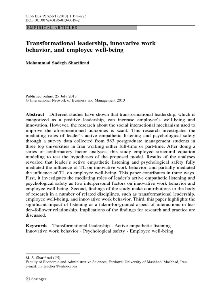Transformational Leadership, Innovative Work Behavior, and Employee Well-Being PDF | PDF ...