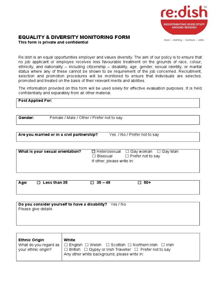Equality and Diversity Monitoring Form | PDF | Race And Ethnicity In ...