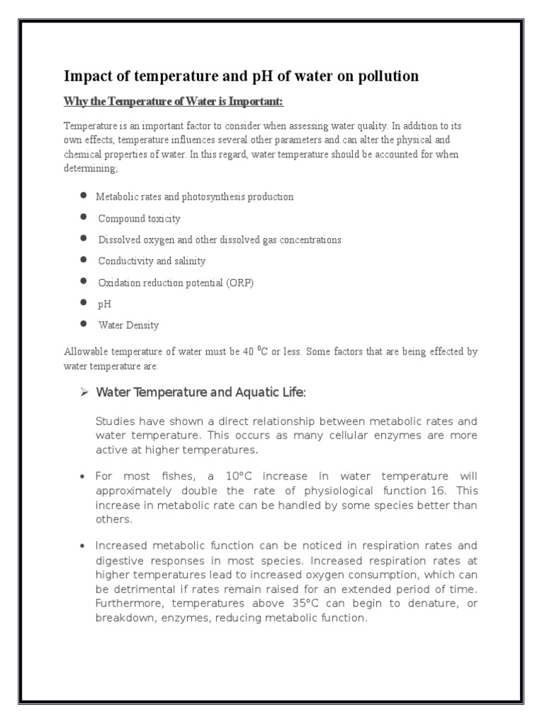 Water Temperature & pH Impact on Pollution | PDF | Ph | Aquatic Ecosystem