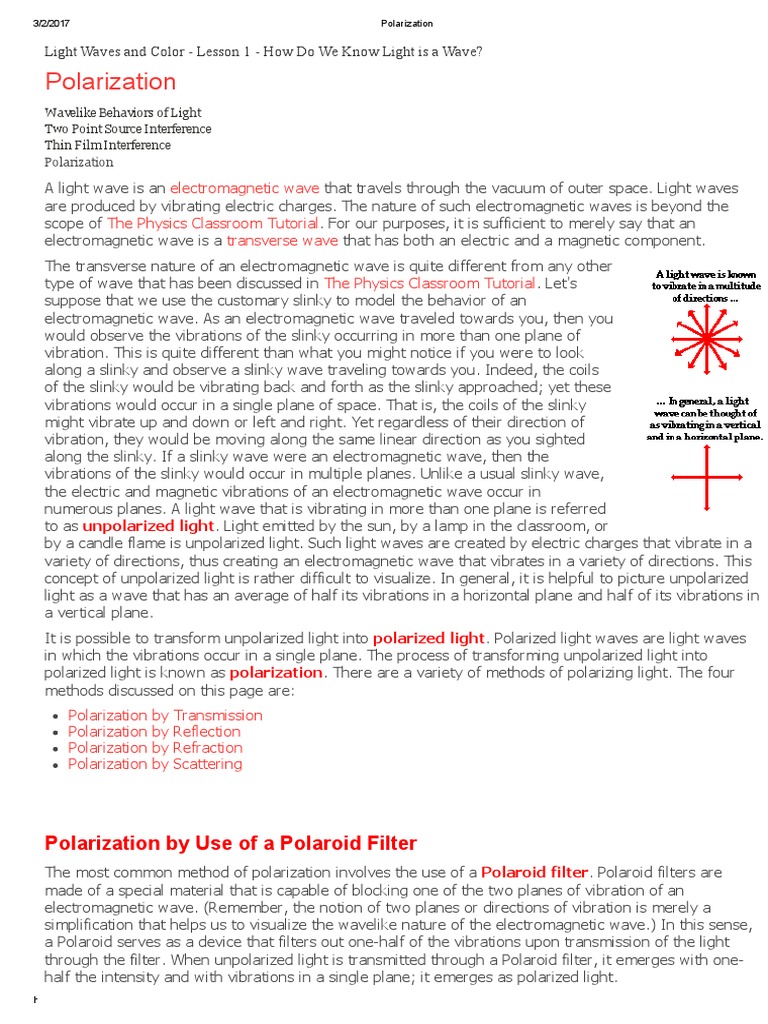 Polarization: Electromagnetic Wave The Physics Classroom Tutorial ...