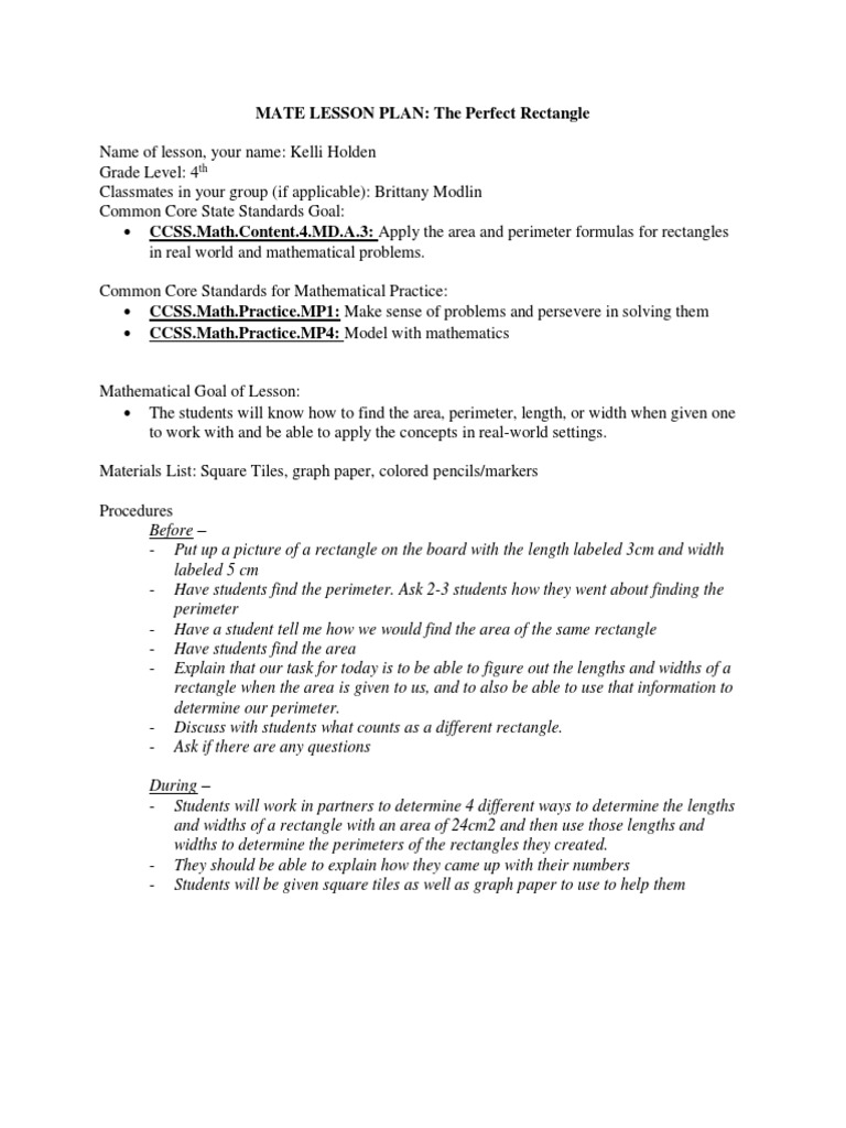 Lesson Plan Template Mate 3060 Fall 2016 Pdf Area Rectangle