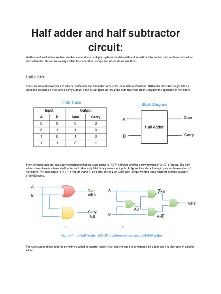 Half Adder and Half Subtractor Circuit | PDF