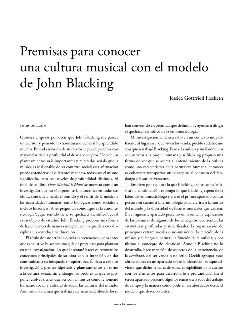 Premisa para Conocer Una Cultura Musical Con El Modelo de John Blacking ...