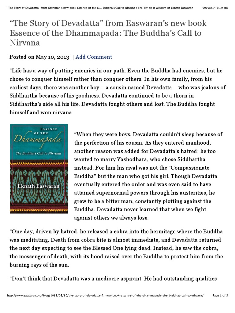 "The Story of Devadatta" From Easwaran's New Book Essence of The ...
