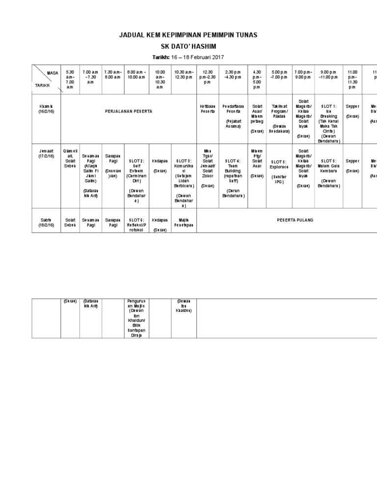 Jadual Kem Motivasi Kepimpinan Pemimpin Tunas SK Dato' Hashim | PDF