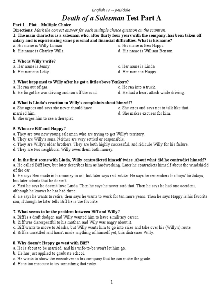 Death of a Salesman Test Questions | PDF