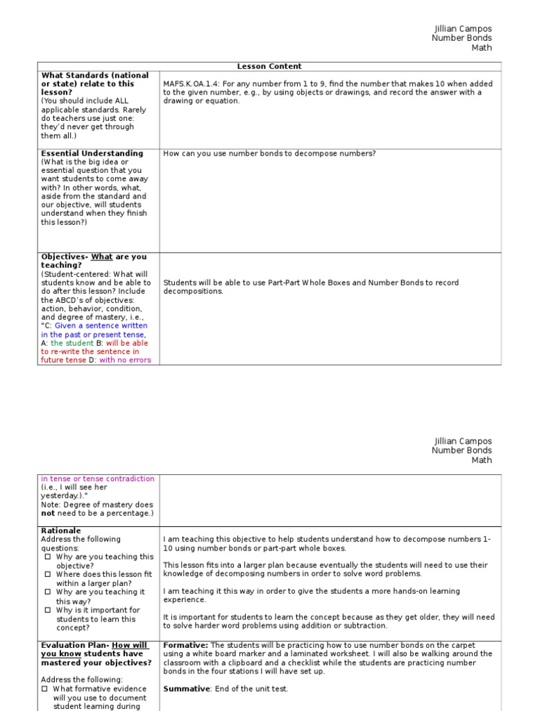 Number Bonds Lesson Plan PDF Teaching Method Applied Psychology