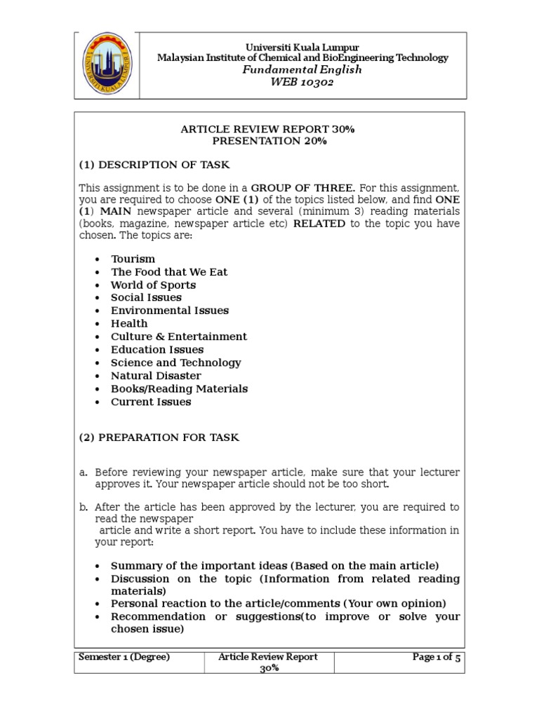 Article Review Assignment | PDF | Newspapers | Books