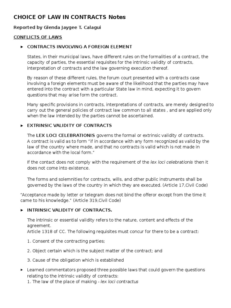 CHOICE OF LAW IN CONTRACTS Notes | PDF