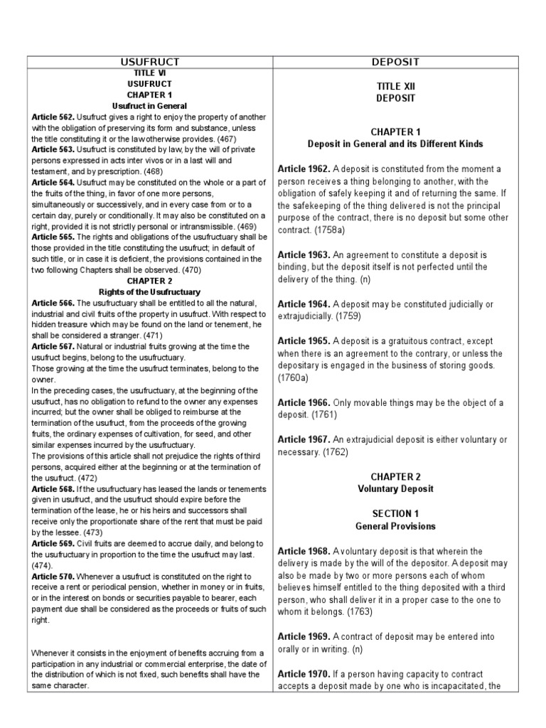 Usufruct and Deposit Codal by Table | PDF
