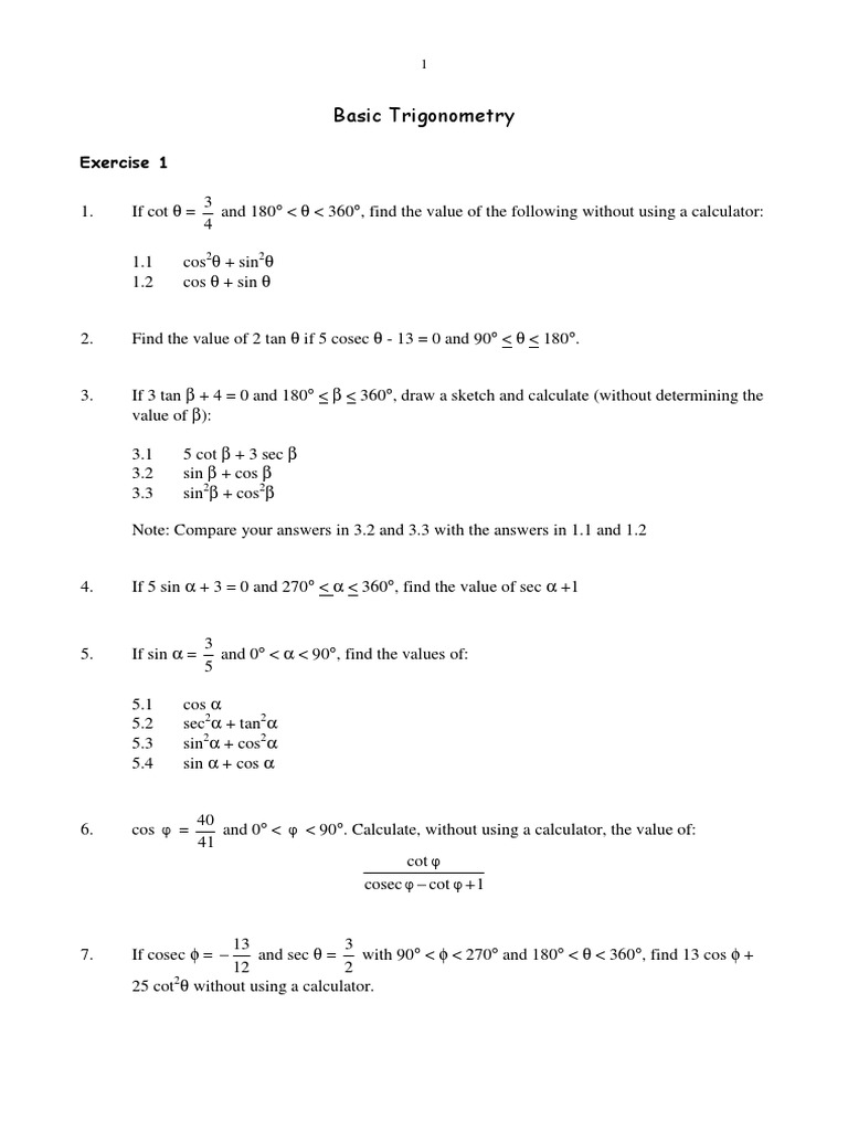 Basic Trigonometry Exercise 1 | PDF